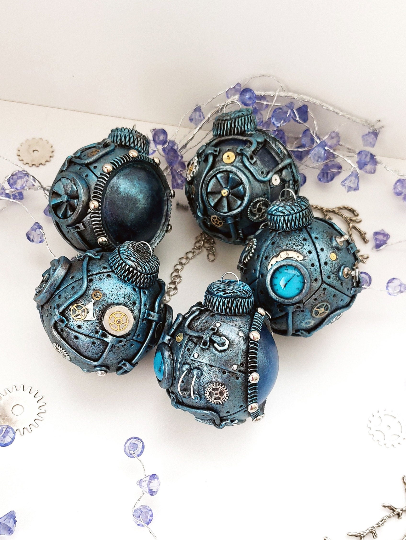 Handmade Steampunk New Year Tree Ornaments. Christmas Blue Glass Balls ...