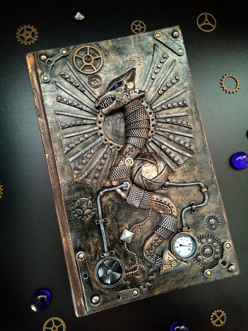 Steampunk Clay Journal Cover Steel Dragon. Handmade Notebook Spellbook ...