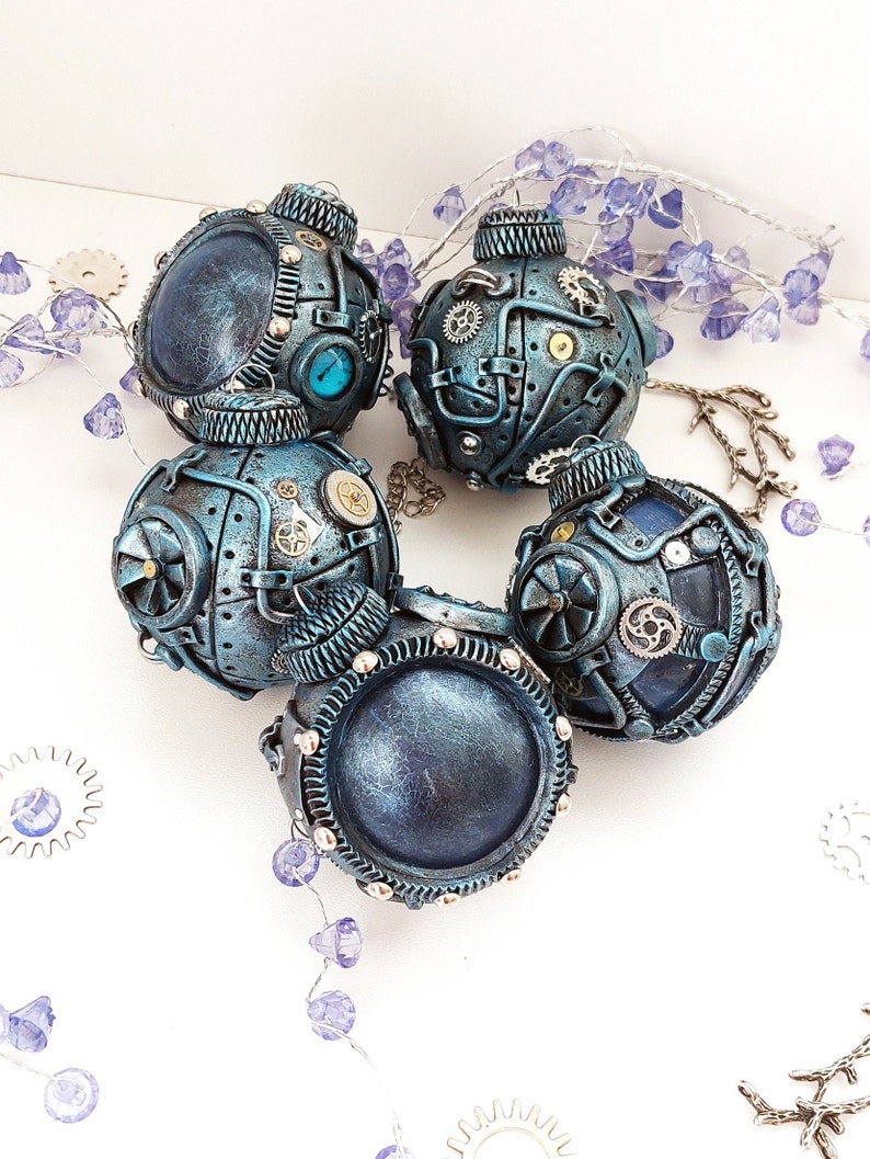 Handmade Steampunk New Year Tree Ornaments. Christmas Blue Glass Balls ...