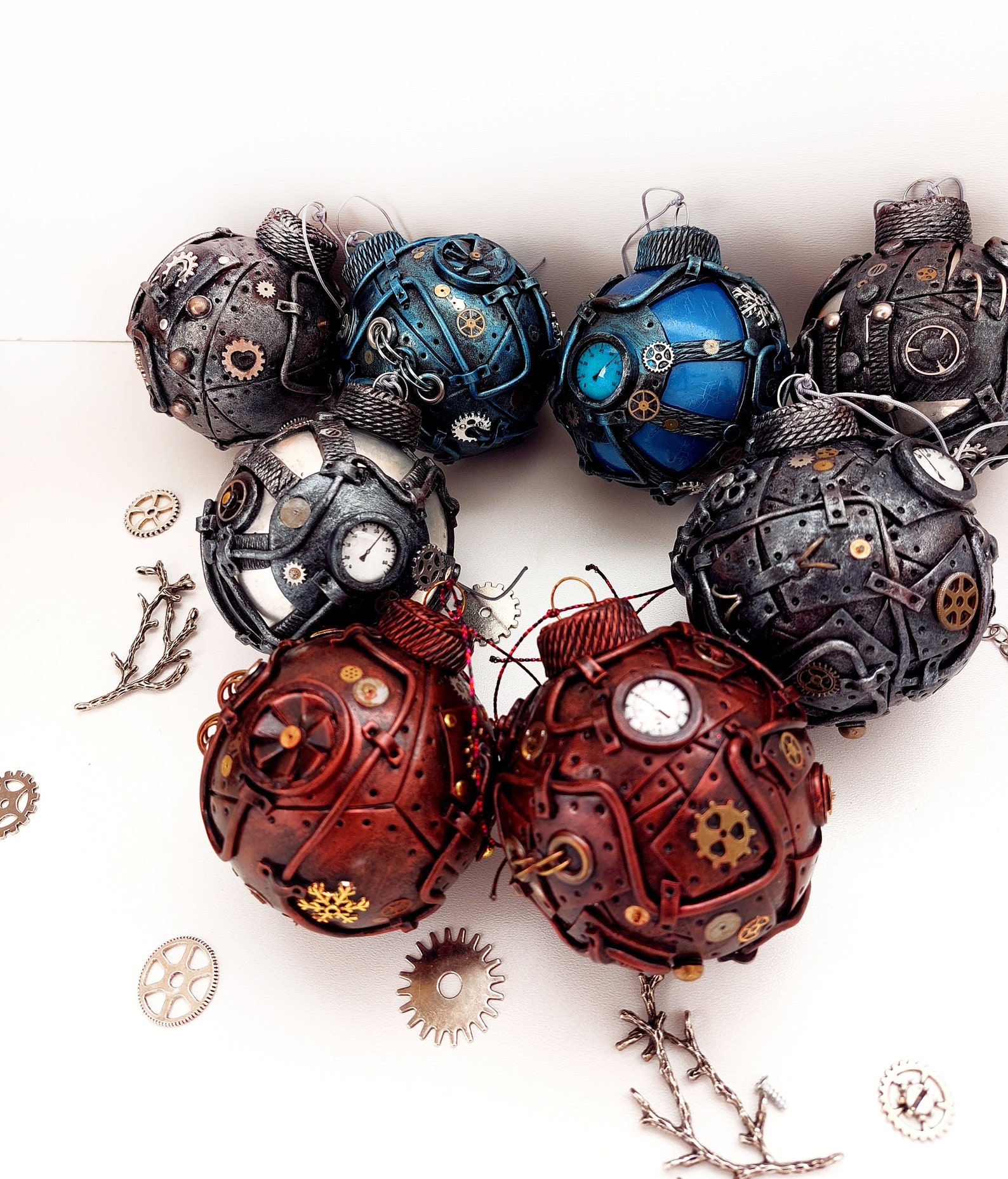 Handmade Steampunk New Year Tree Ornaments. Christmas Mix Metallic ...