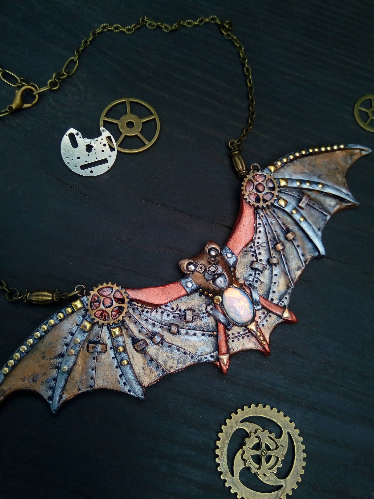 Steampunk Bat Necklace. Jewelry Bat Pendant Moon Stone. Gemstone ...