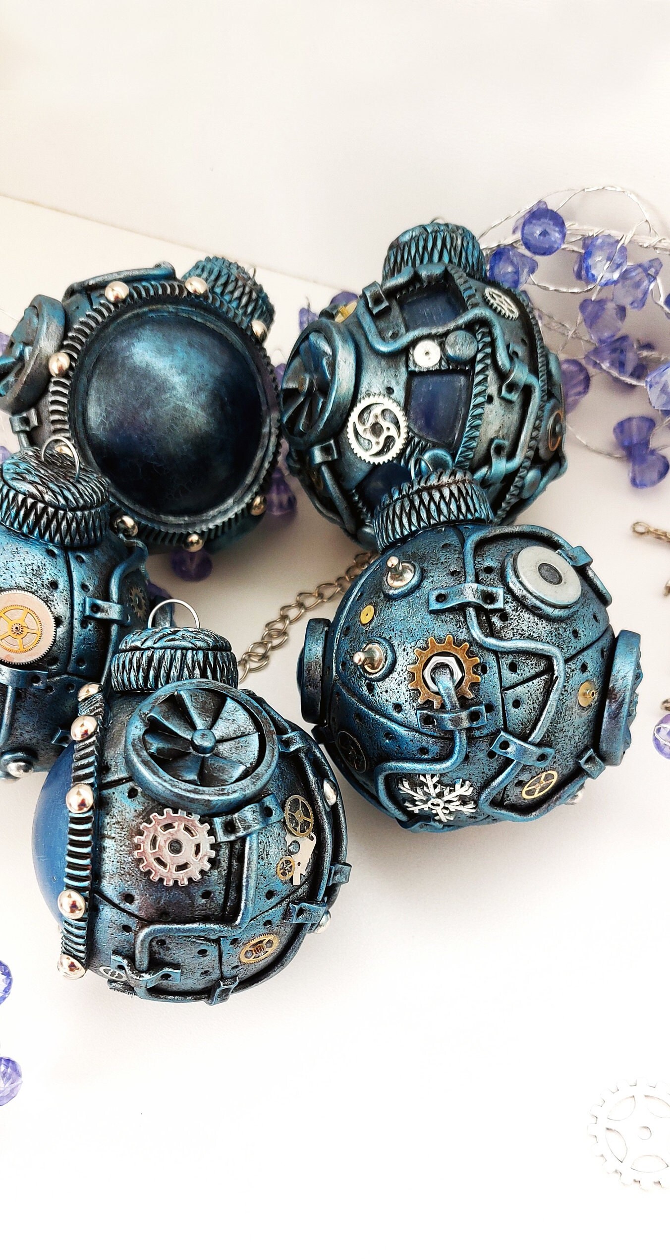 Handmade Steampunk New Year Tree Ornaments. Christmas Blue Glass Balls ...
