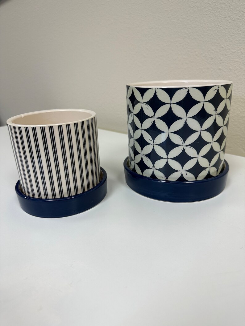 Navy Blue and White Plant Pots Set of 2 Sizes Home & - Etsy