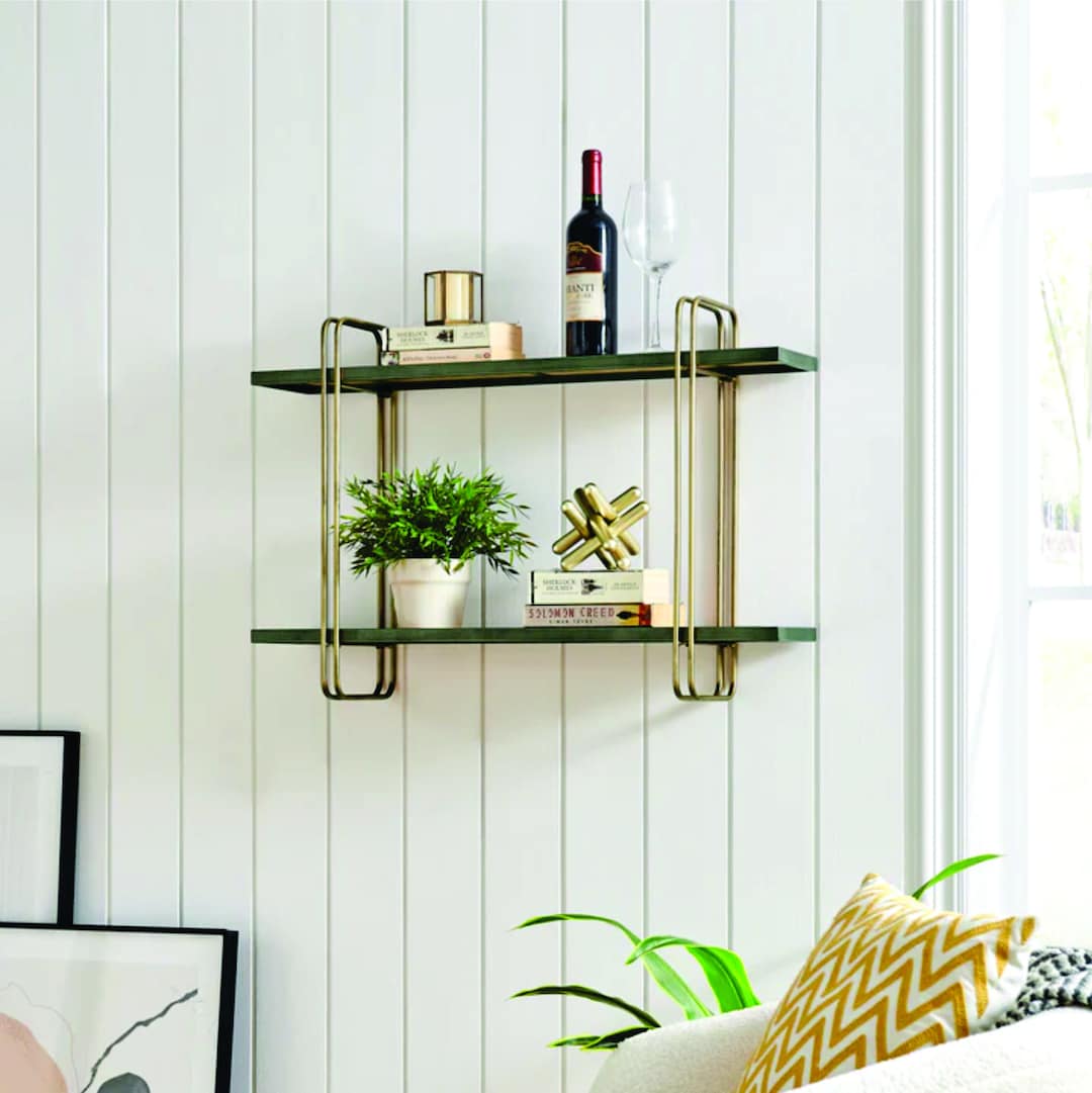 Wall Mounted Shelf Two Tier Warm Gold and Washed Oak Display and ...