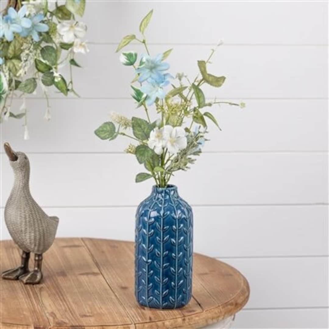 Dark Teal Ceramic Flower Vase Rows of Leaves Pattern Floral, Decor ...