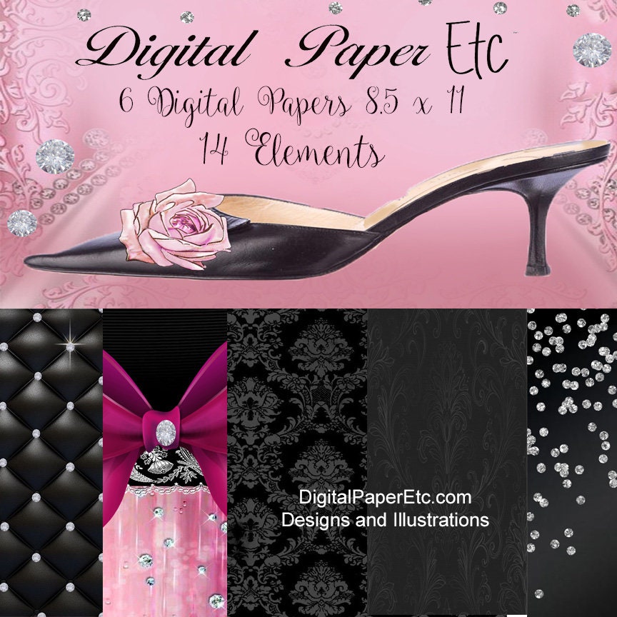 Black and Pink Digital Papers Diamonds Gems Pearls Lace - Etsy