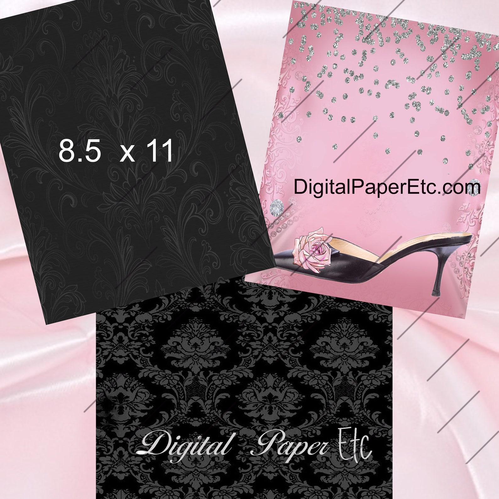 Black and Pink Digital Papers Diamonds Gems Pearls Lace - Etsy