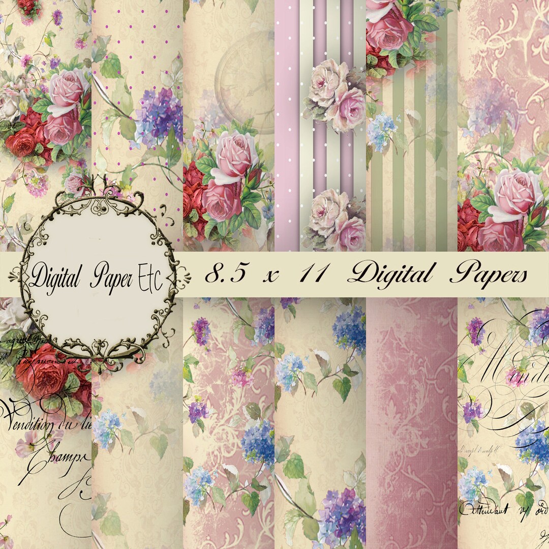 Floral Digital Paper Red Roses Pink Floral Shabby Chic Digital - Etsy