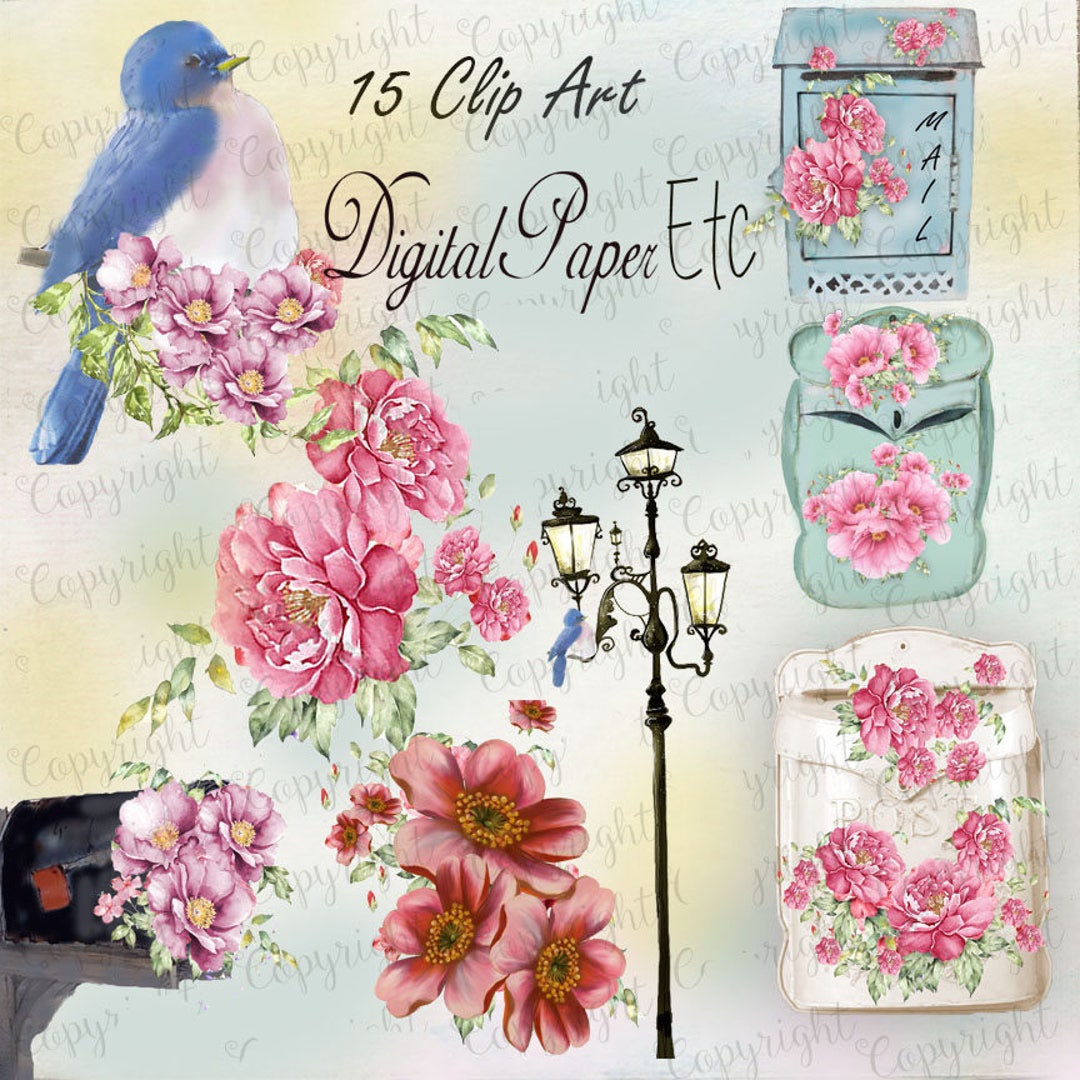 Digital Summer Flowers Digital Floral Clipart Blue Bird - Etsy