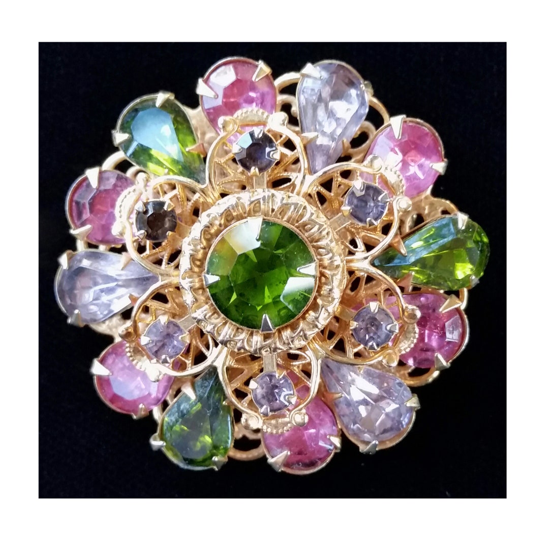 MULTI-COLORED BROOCH, Each Rhinestone is Prong Set in Sparkling Shades ...