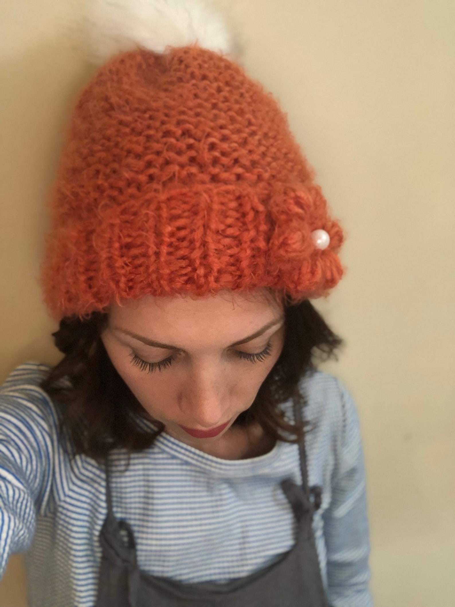 Orange Hand Knit Beanie, Winter Hat, Knitted Hat, Flower Pearl Fluffy ...