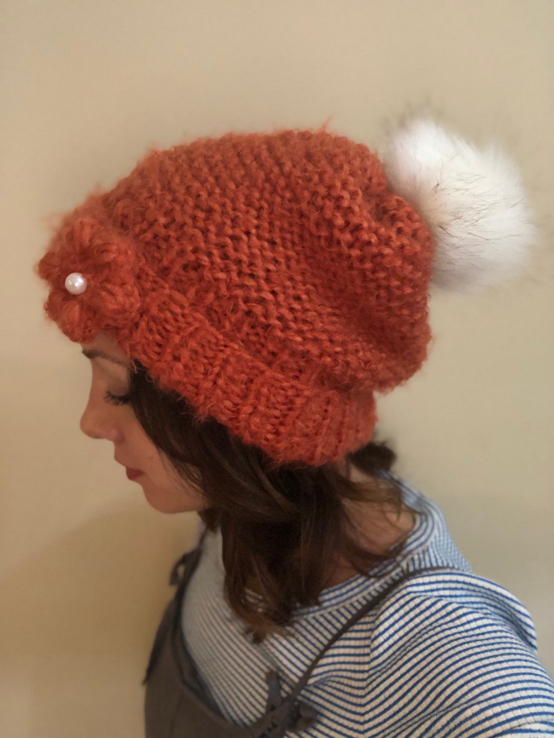 Orange Hand Knit Beanie, Winter Hat, Knitted Hat, Flower Pearl Fluffy ...