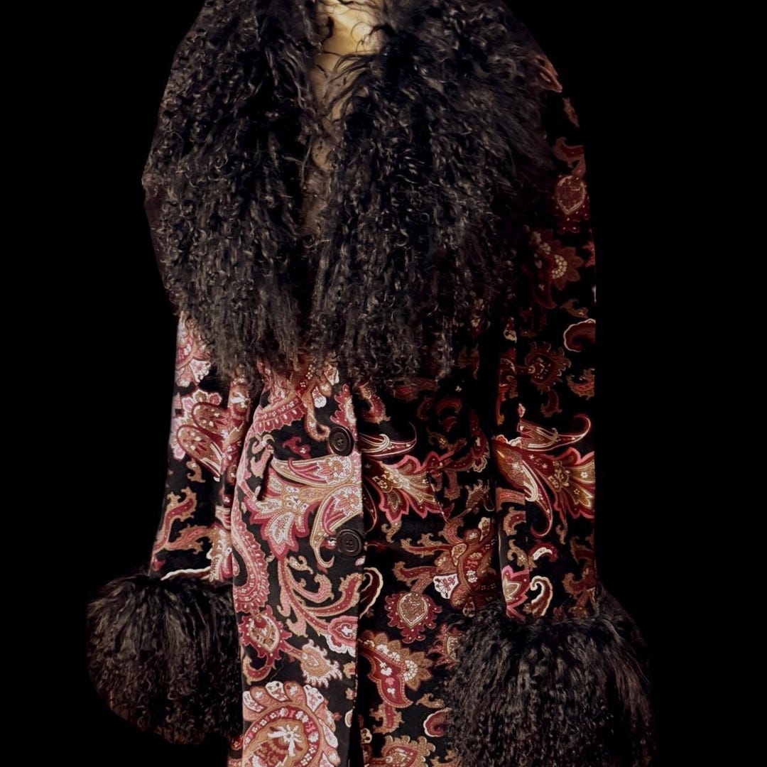Vintage Real Mongolian Lamb Fur Trim Tapestry Velvet Paisley Penny Lane ...