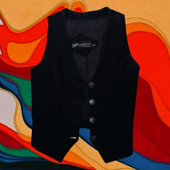 Black Suede 1970's Small Vest with Flower Buttons - Gem