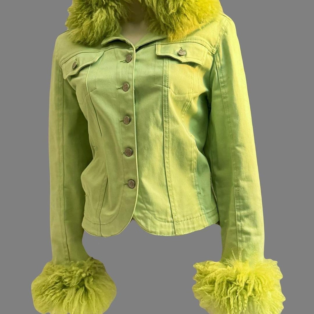 Y2K Vintage Lime Green Denim Jacket With Sheepskin Fur Trim /fur Collar ...