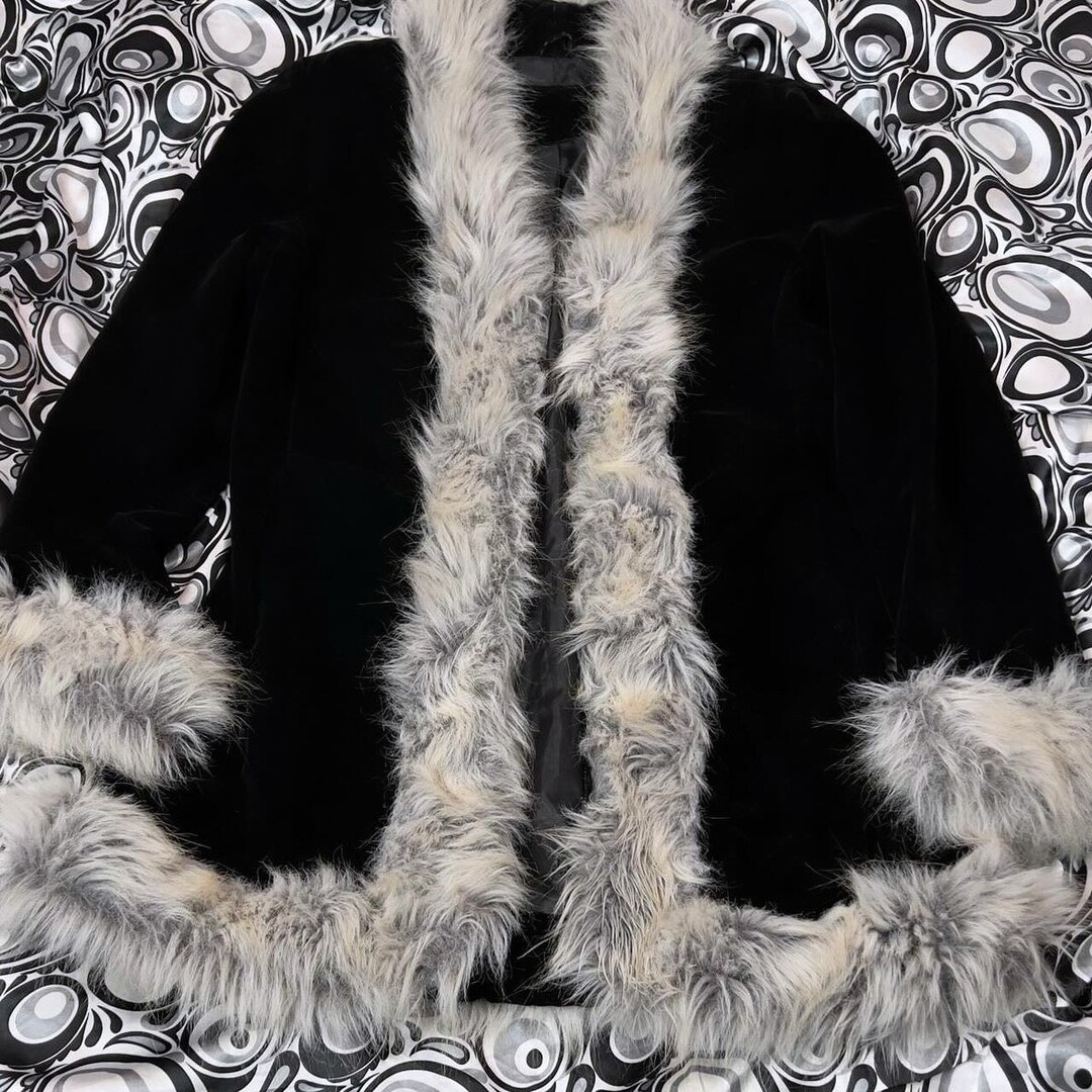 Vintage Penny Lane Coat , Black Velvet /grey Faux Fur - Etsy