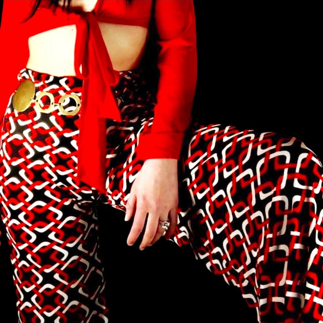 70s Psychedelic Groovy Geometric Wide Leg High Waist Pant W Ruffled ...