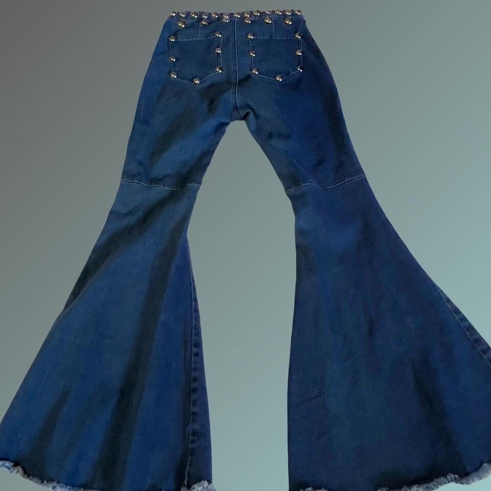 Dome Studded 70's Hippie Rocker Jagger Style Super Flare Stretch Blue ...