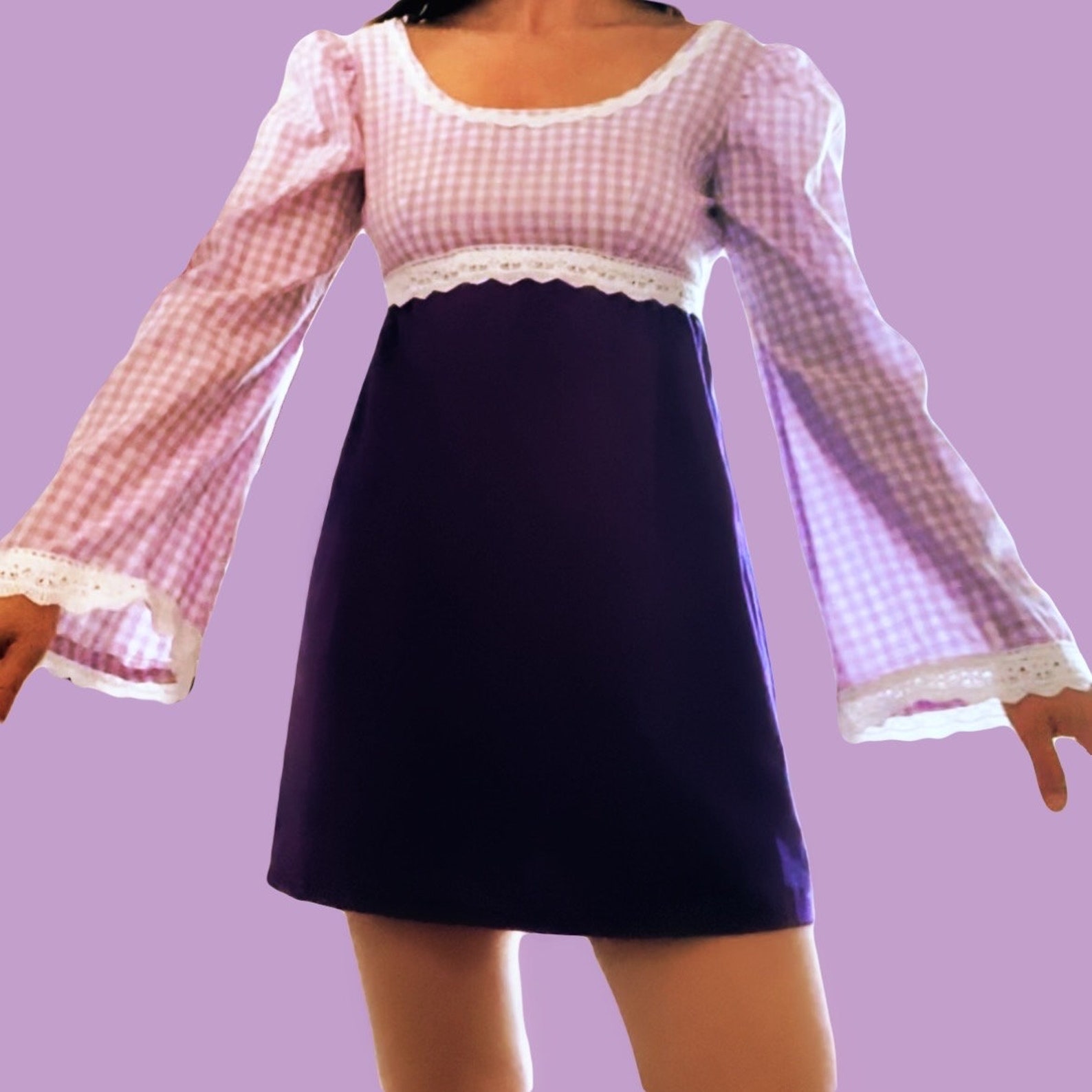Whimsical 70s Cottagecore Vintage Purple Gingham Empire Waist Bell ...