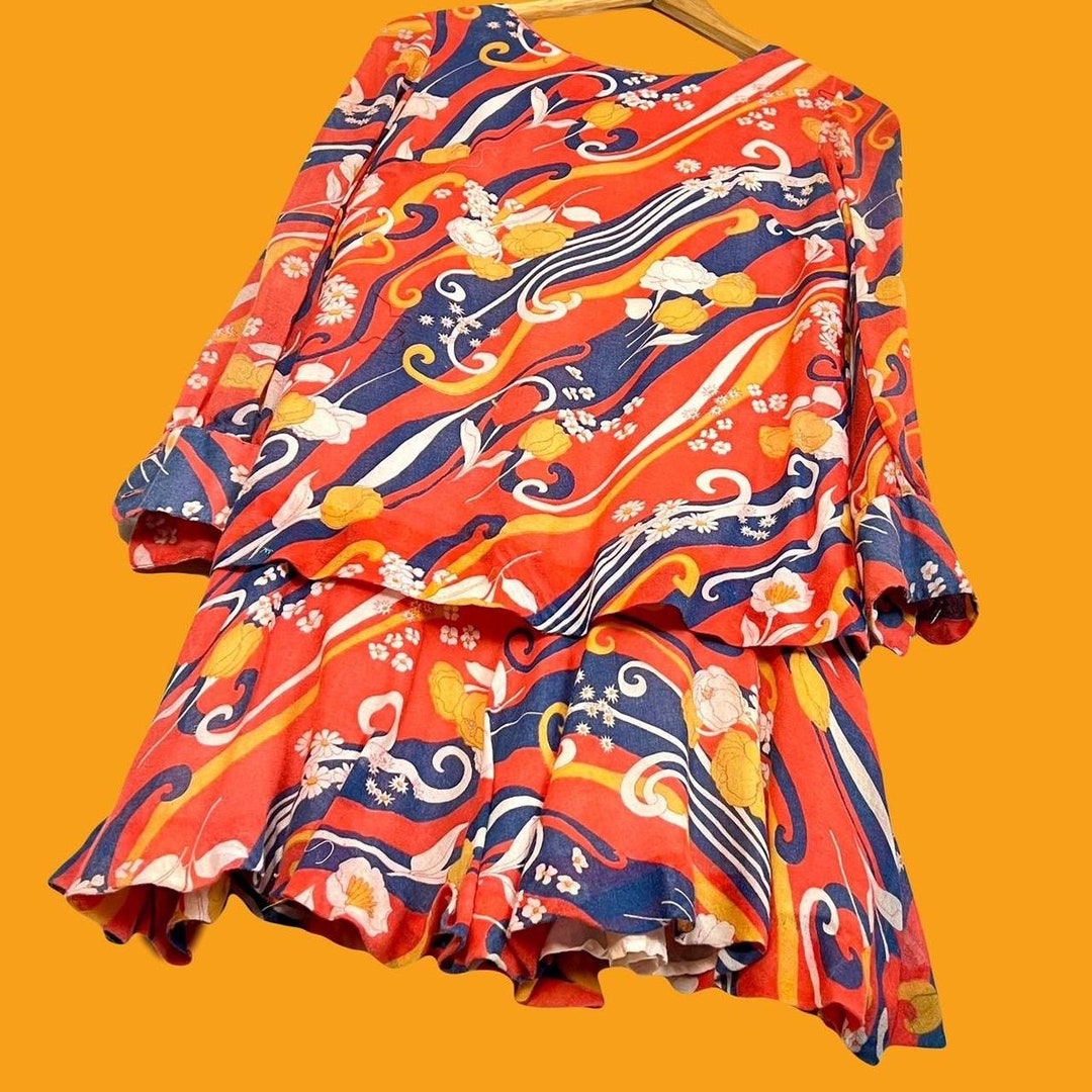 Swinging 60's Mod Hippie Psychedelic Print Red + Multi Color Drop Waist ...