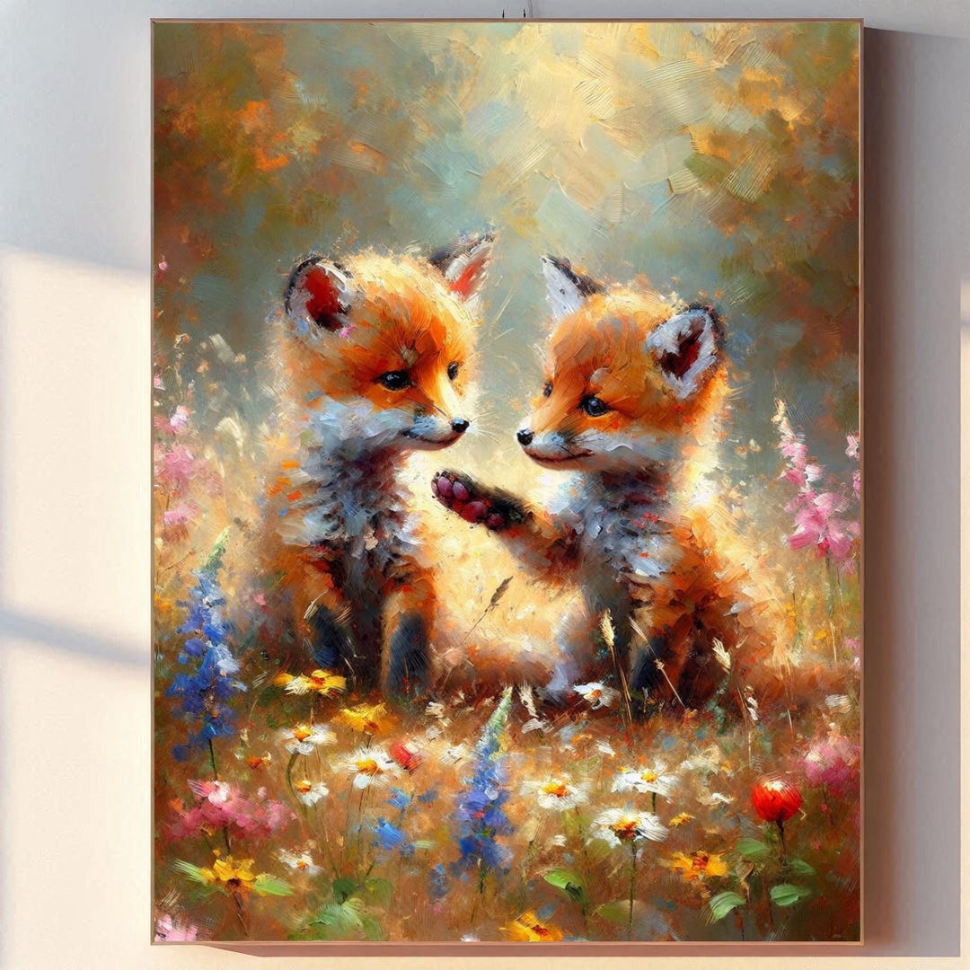 Floral Frolic, Cute Baby Fox Cubs Playing in Wildflowers, Flower Art ...