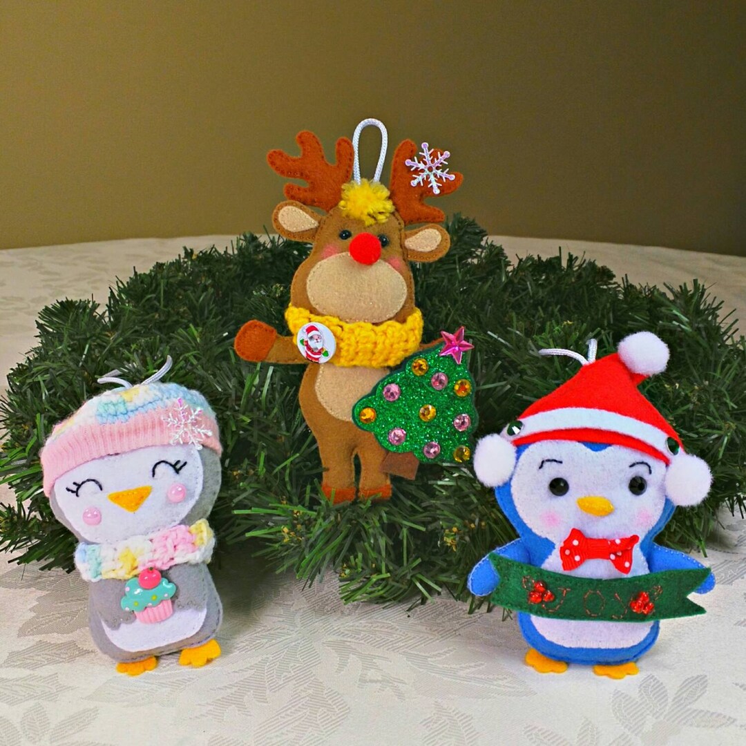 Christmas Animal Decorations, Felt Reindeer, Felt Penguins, Handmade ...