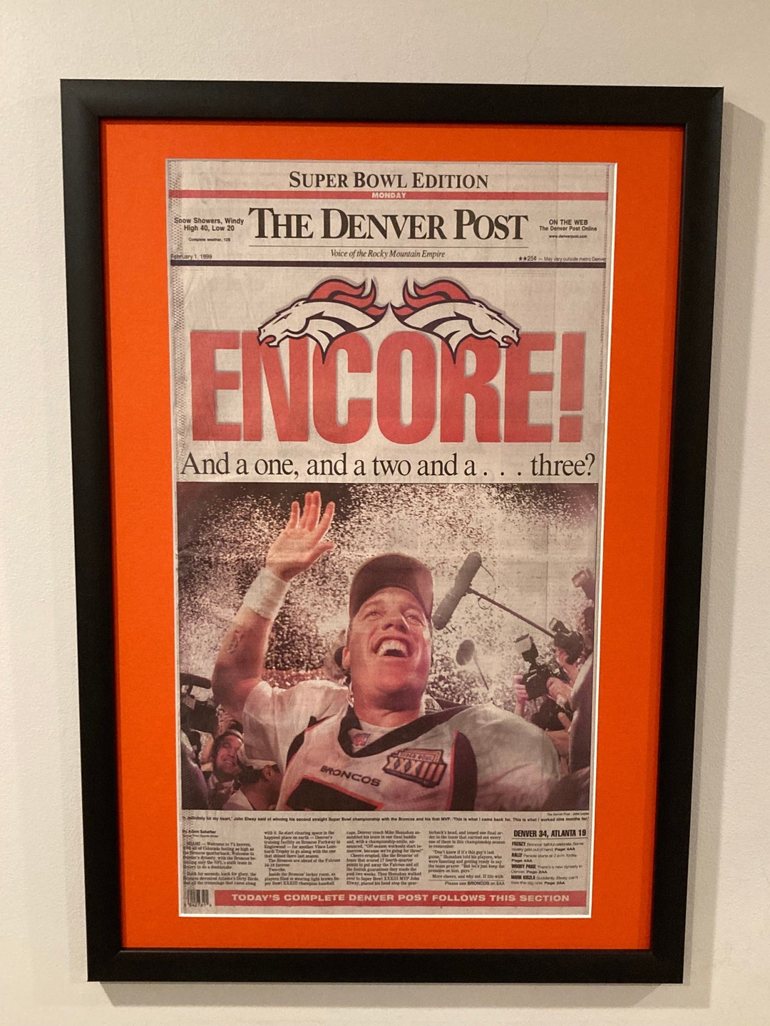 Denver Broncos 1999 Super Bowl Champions Front Page Newspaper Matted ...