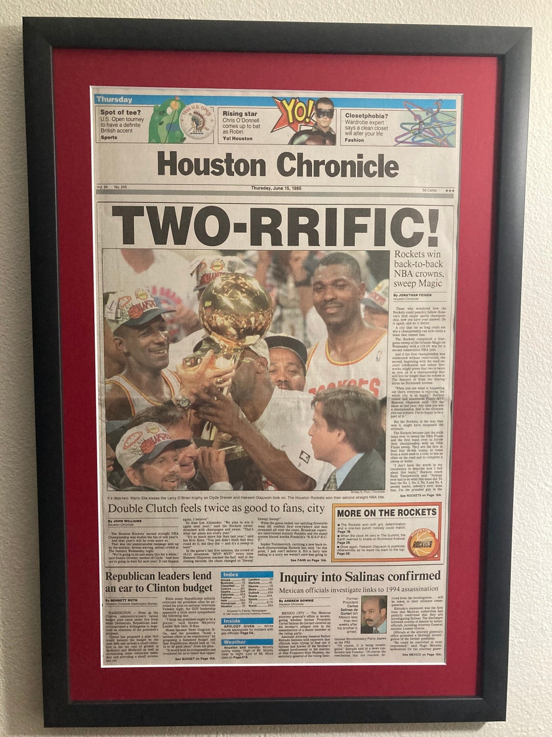Houston Rockets - 1995 World Champions - Newspaper Front Page - Matted ...