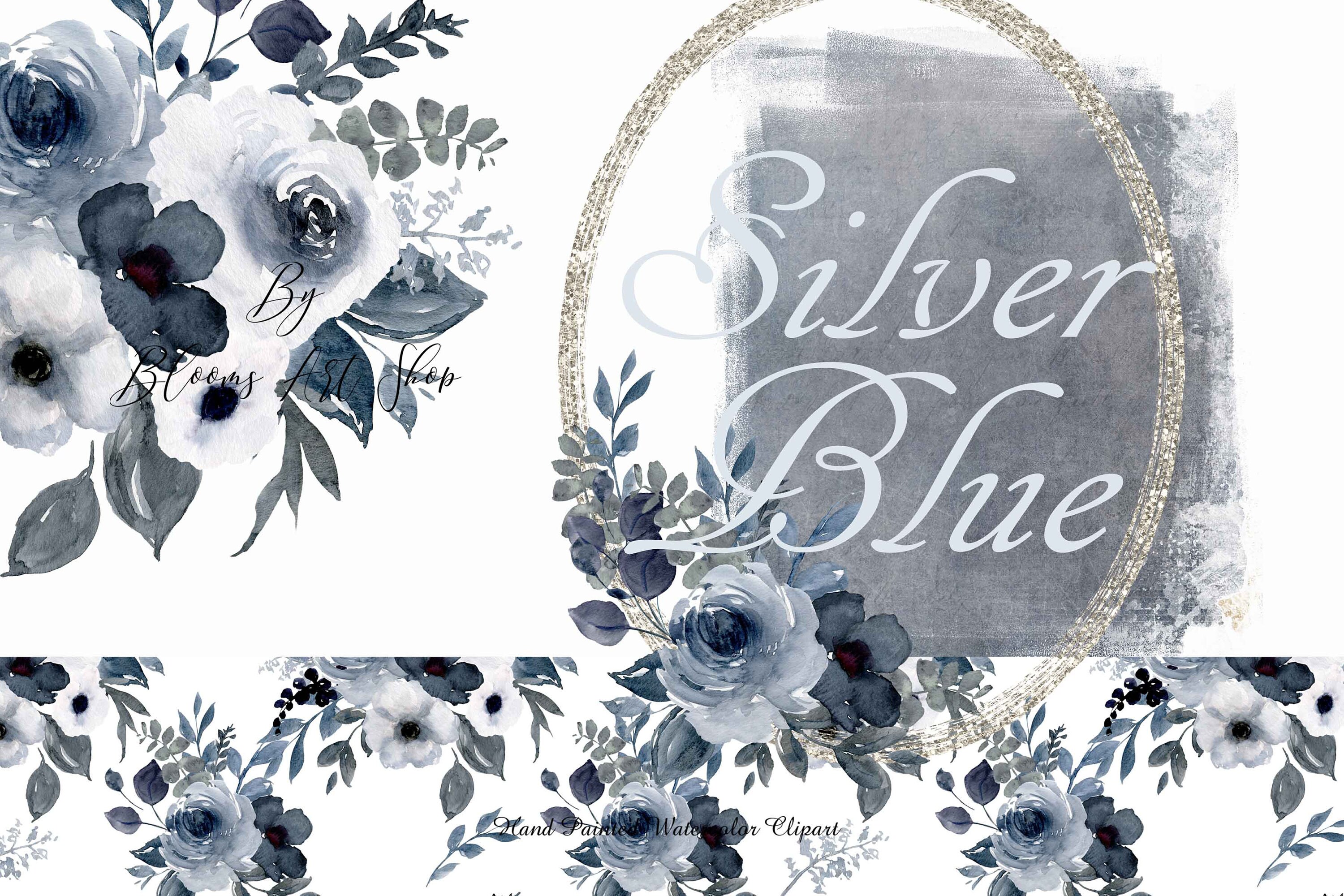 Navy Blue Floral Clipart: Watercolor Roses, Silver Frames (digital ...