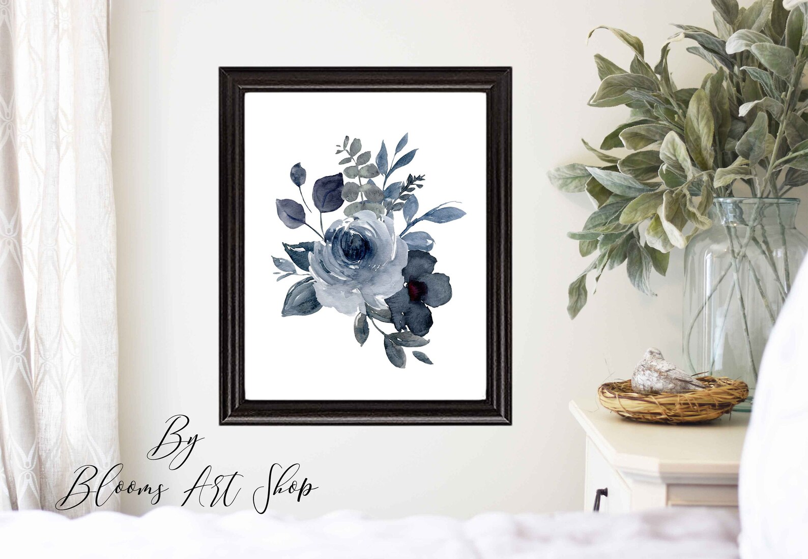 Navy Blue Floral Clipart: Watercolor Roses, Silver Frames (digital ...