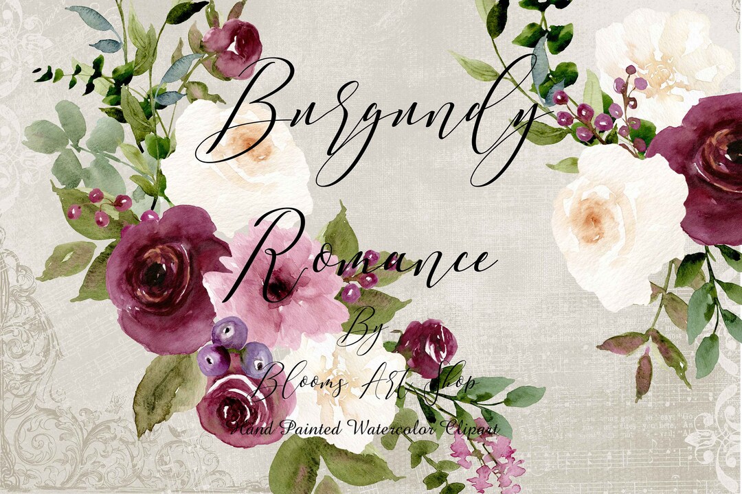 Burgundy Floral Clip Art: White Rose Wedding Clipart Digital Download ...