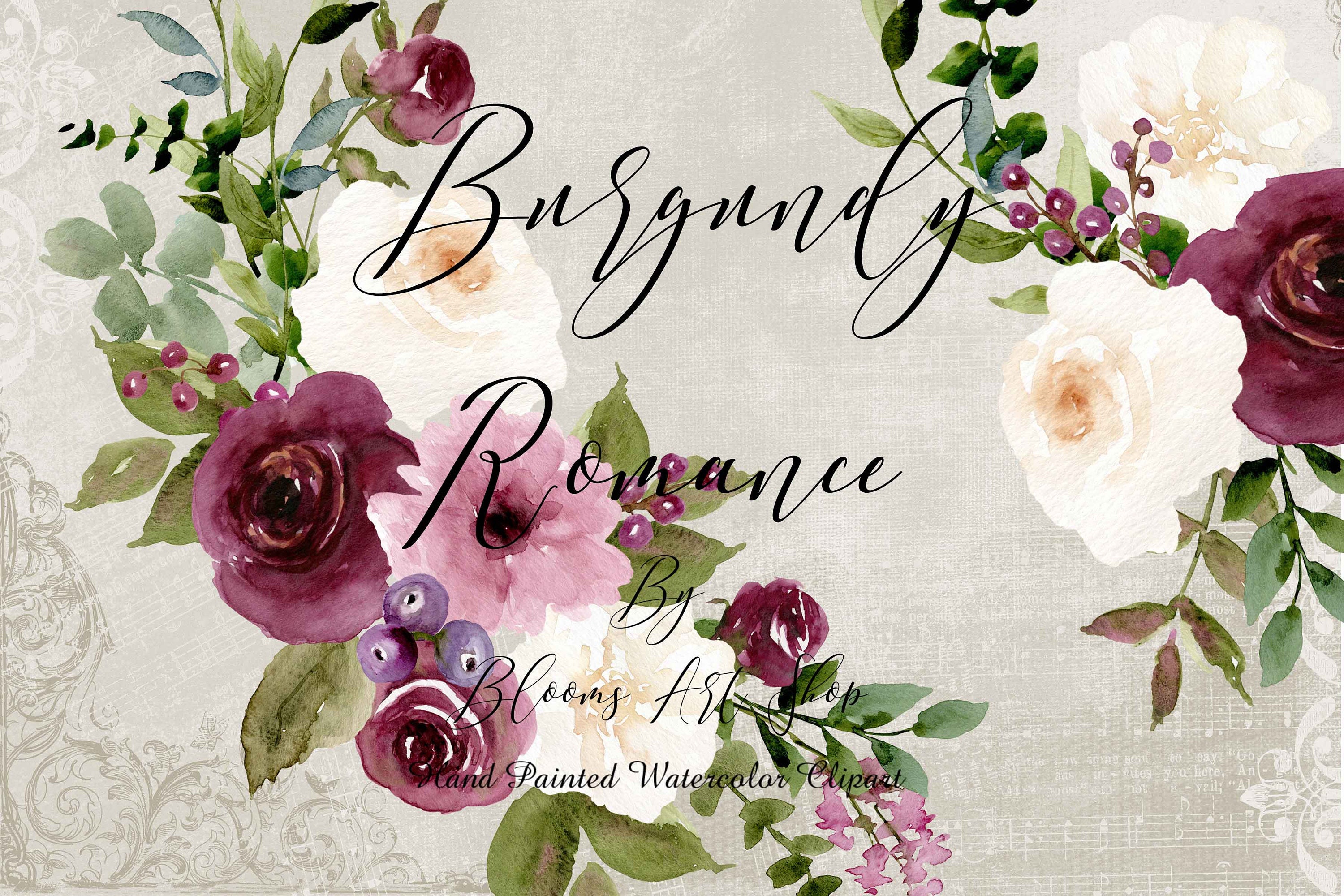 Burgundy Floral Clip Art: White Rose Wedding Clipart Digital Download ...