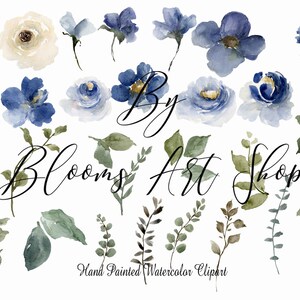 Watercolor Blue Flowers Clipart, Indigo Navy Sapphire Roses, Peonies ...