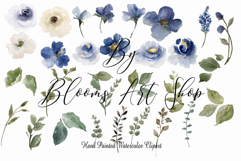 Watercolor Blue Flowers Clipart Indigo Navy Sapphire Roses - Etsy