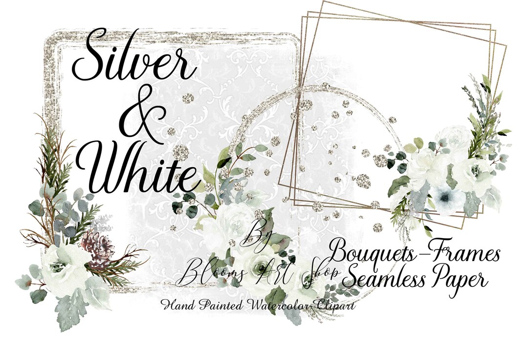 Watercolor Floral Clipart: Silver Glitter Frames, Poinsettia Bouquets ...