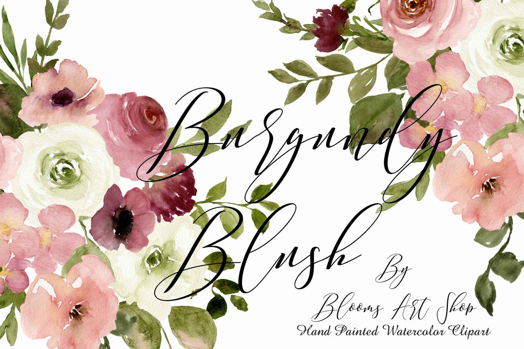 Watercolor Blush Pink Bouquet Clipart Blush Roses Burgundy Rose ...