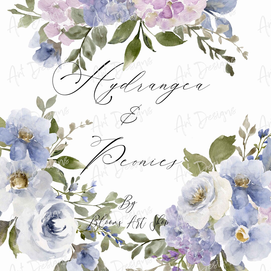 Dusty Blue Peony Clipart, Hydrangea Clipart, Digital Peony Rose Floral ...