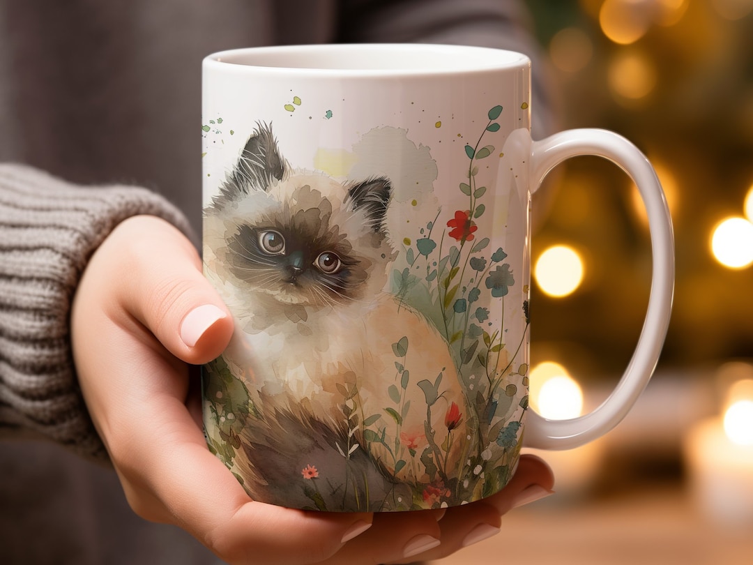 Cute Himalayan Cat Mug With Floral Design, Whimsical Kitten Coffee Cup ...