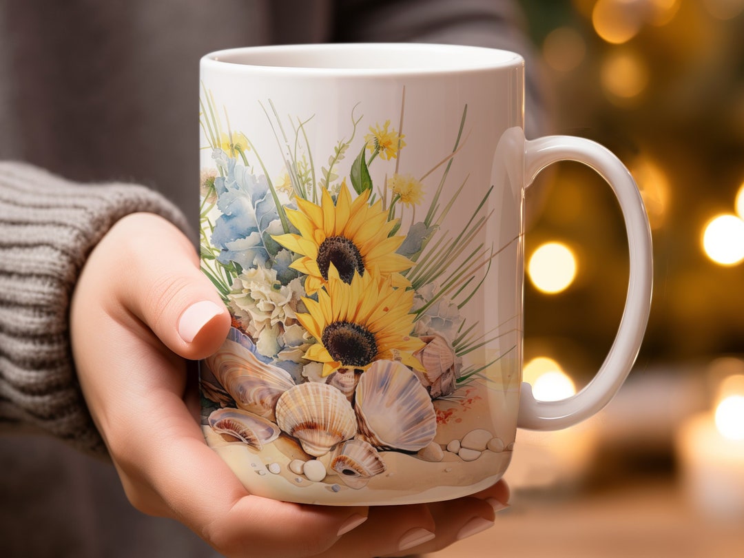Beach Seashells Floral Mug, Coastal Sunflowers and Shell Mug, Ocean ...
