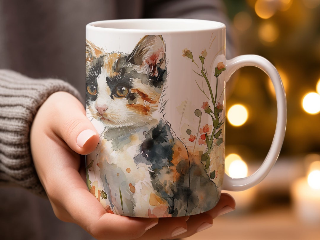 Watercolor Calico Cat Mug, Whimsical Kitten Coffee Cup, Cute Cat Lover ...
