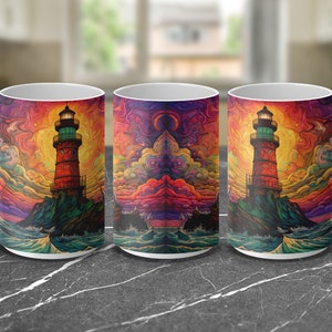 Colorful Lighthouse Design Mug, Unique Coastal Artwork Mug, Vibrant ...