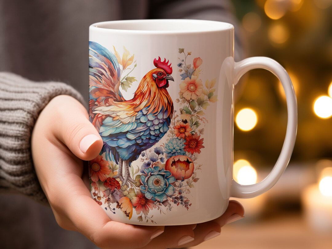 Colorful Rooster Mug, Farmhouse Kitchen Decor, Floral Coffee Cup ...