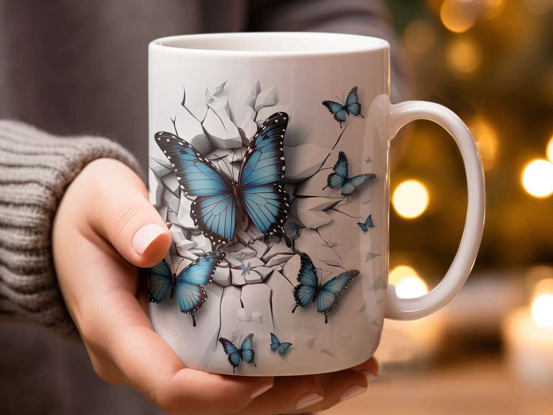 Wrap Around Blue Butterfly 3D Effect Coffee Mug, Unique Nature Inspired ...