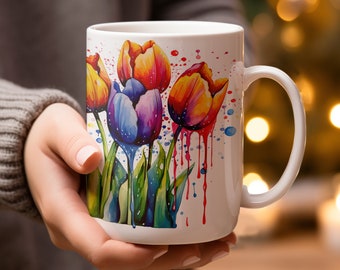 Floral Mug, Pink Tulip Reflection Design, Elegant Coffee Cup, Gift for ...