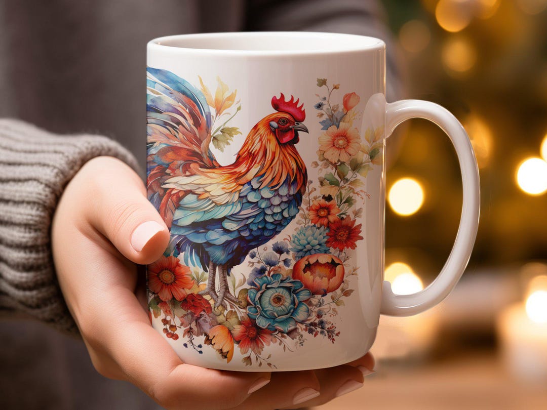 Colorful Rooster Mug, Farmhouse Kitchen Decor, Floral Coffee Cup ...