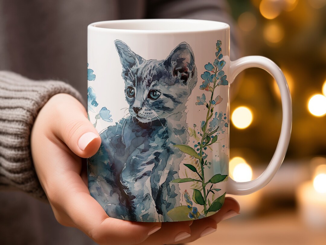Watercolor Russian Blue Cat Mug, Cat Lover Gift, Cute Cat Art Coffee ...