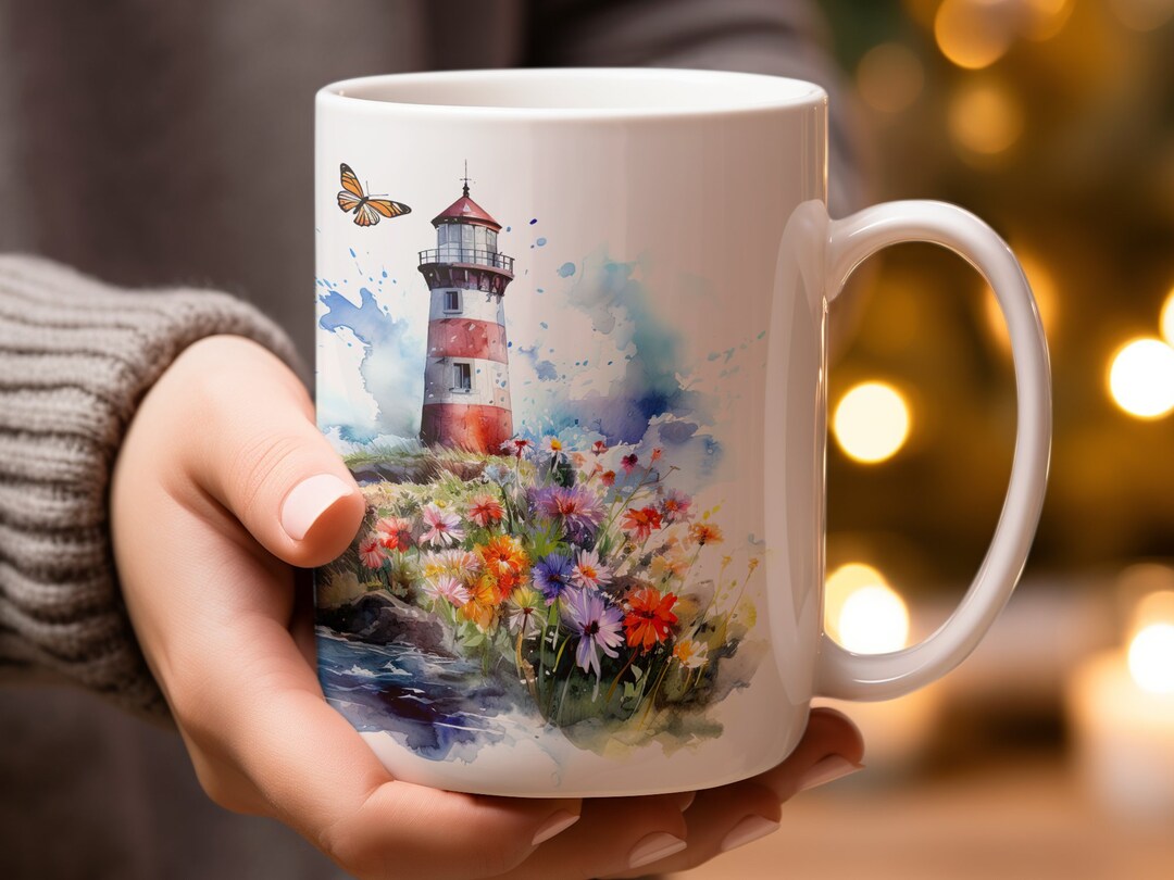Lighthouse Coffee Mug, Artistic Watercolor Print, Floral Nautical ...