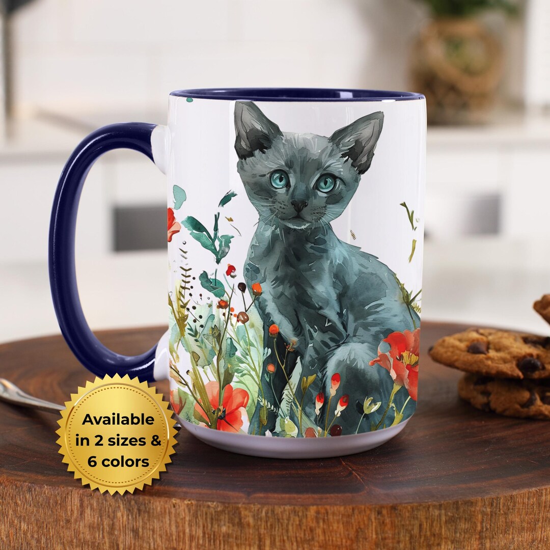 Russian Blue Cat Coffee Mug With Watercolor Floral Botanical Design - Etsy