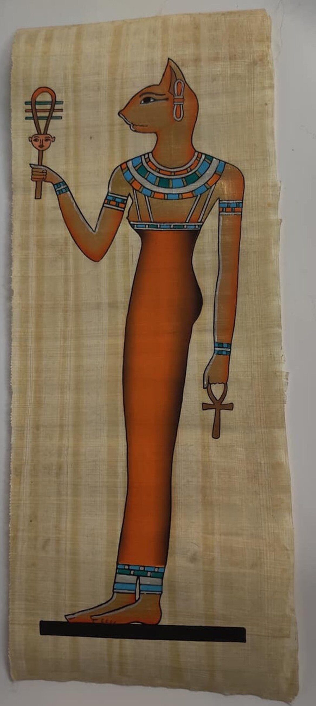 Vintage Hand Painted Papyrus Egyptian Goddess Bastet 16'' X 7'' Made in ...