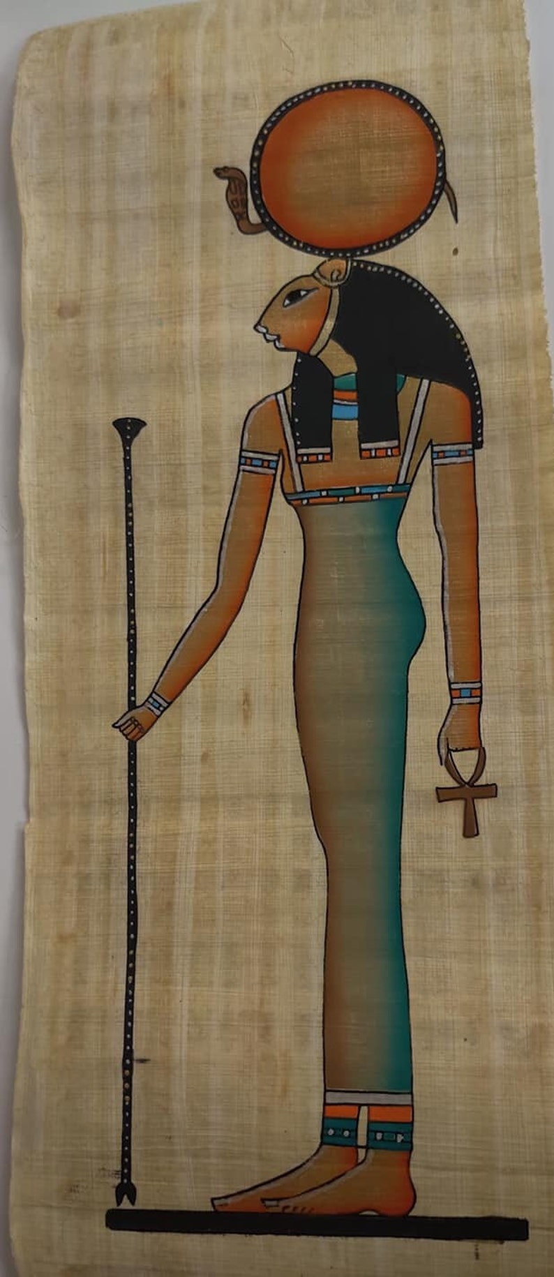 Vintage Hand Painted Papyrus Egyptian Goddess Sekhmet 16'' X 7''made in ...